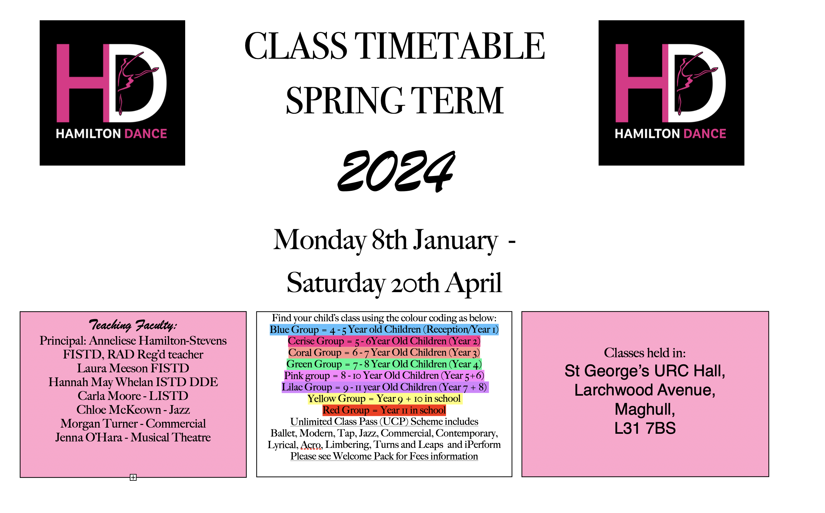 Class Timetable - Hamilton Dance